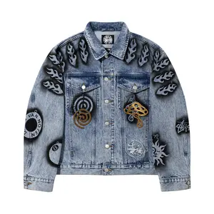 StÜssy X Dries Van Noten Hand-stencilled Denim Jacket - Blue
