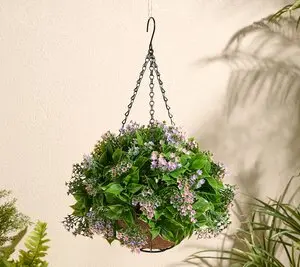 WICKER PARK 13' Faux Laurel Leaf Wispy Flowers Hanging Basket - One-color