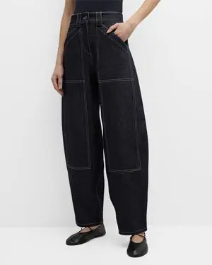 Co Patch Curved Wide-leg Denim Pants - Indigo