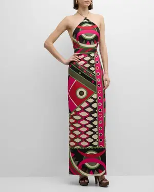 Emilio Pucci Foulard-Print Silk Backless Halter Maxi Dress - Khaki/Fuxia