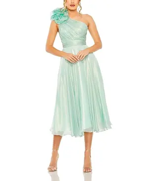 Mac Duggal Rosette One-shoulder Tea-length Dress - Sage