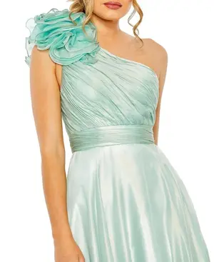 Mac Duggal Rosette One-shoulder Tea-length Dress - Sage