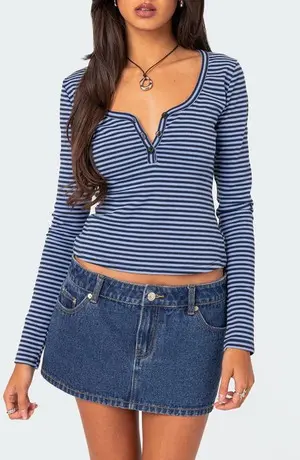 EDIKTED Jocelyn Stripe Stretch Cotton Top - Blue