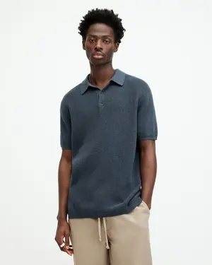 ALLSAINTS Aspen Waffle Texture Ramskull Polo Shirt Workers Blue