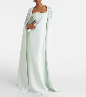 Safiyaa Mattia Embellished Caped Crêpe Gown - Green