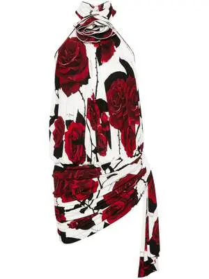 Balmain Rose-print Mini Dress - White