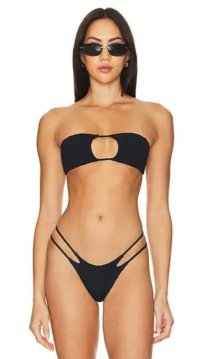 INDAH Janice Smocked Bandeau Bikini Top - Black