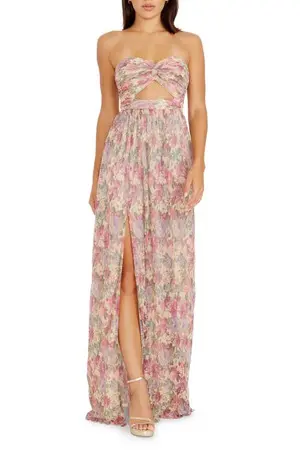 Dress The Population Angelique Floral Cutout Metallic Maxi Dress - Fuchsia Multi