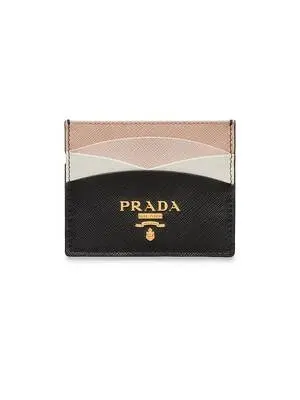 Prada Saffiano Leather Card Holder Black Beige