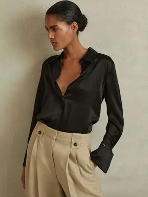 REISS Silk Double-cuff Button-through Shirt - Black
