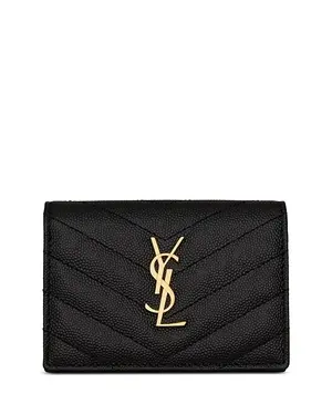 Saint Laurent Cassandre Matelasse Business Card Case - Black Grain Leather/gold