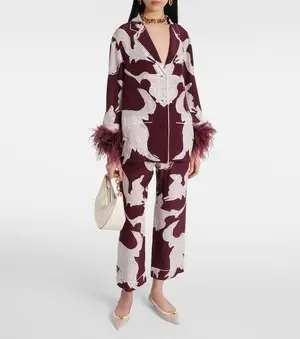 Valentino Garavani Printed Feather-trimmed Silk Blouse
