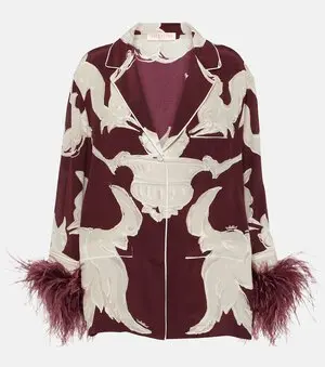 Valentino Garavani Printed Feather-trimmed Silk Blouse - Red
