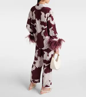 Valentino Garavani Printed Feather-trimmed Silk Blouse