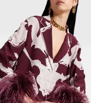 Valentino Garavani Printed Feather-trimmed Silk Blouse