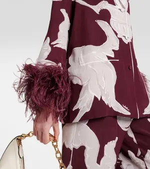 Valentino Garavani Printed Feather-trimmed Silk Blouse