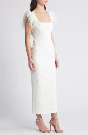 Likely Cameron Feathered Cap Sleeve Gown - White