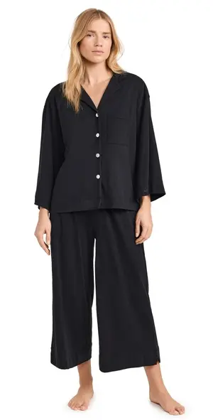 PETITE PLUME Luxe Pima Wide Leg Pajama Set - Black