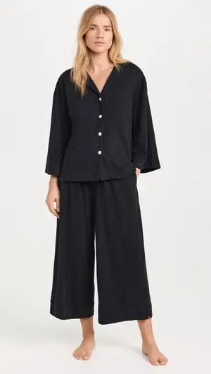 PETITE PLUME Luxe Pima Wide Leg Pajama Set - Black