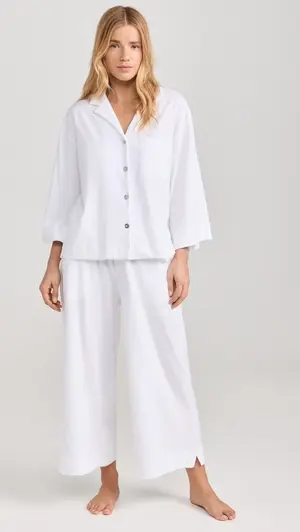 PETITE PLUME Luxe Pima Wide Leg Pajama Set - White
