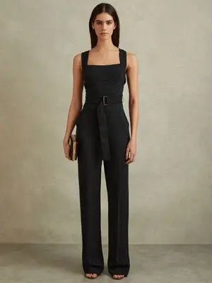 REISS Kim Cross-back Belted Jumpsuit - Black