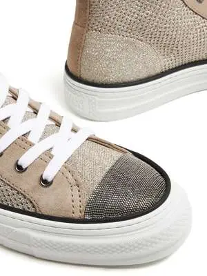 Brunello Cucinelli Monili-embellished Metallic-knit High-top Sneakers