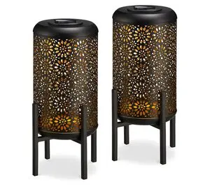 GLITZHOME 14' Cutout Floral Solar Powered Outdo R Lanterns S/2 - One-color