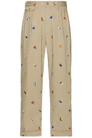 BEAMS 2 Pleats Trousers Embroidery On Print In Brown