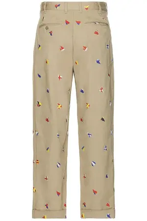 BEAMS 2 Pleats Trousers Embroidery On Print In Brown