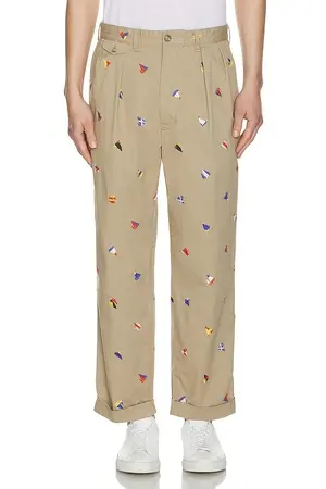 BEAMS 2 Pleats Trousers Embroidery On Print In Brown