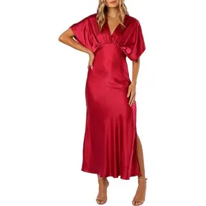 PETAL & PUP Ricki Dolman Sleeve Satin Dress - Ruby Wine