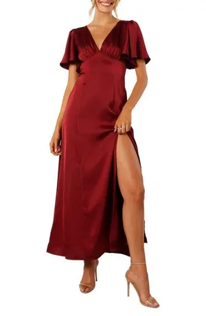 PETAL & PUP Casper Flutter Sleeve Satin Dress - Wine