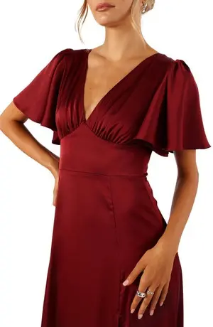 PETAL & PUP Casper Flutter Sleeve Satin Dress - Wine
