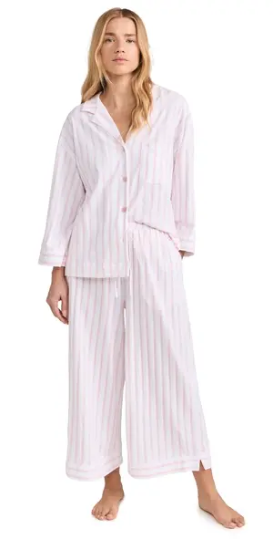 PETITE PLUME Luxe Pink Stripe Wide Leg Pajama Set - White/pink