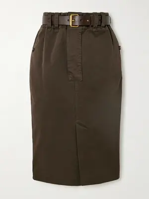 Saint Laurent Belted Leather-trimmed Denim Midi Skirt
