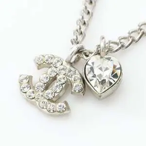 Chanel Coco Mark Heart Necklace Rhinestone Silver Clear 04a - Multi