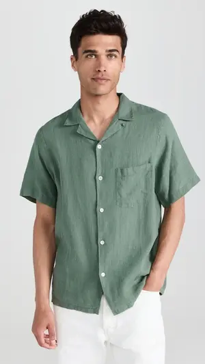 Portuguese Flannel Linen Camp Collar Shirt - Dry Green