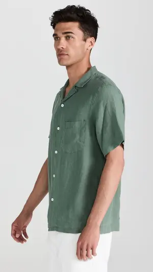 Portuguese Flannel Linen Camp Collar Shirt - Dry Green