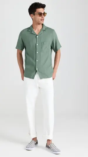 Portuguese Flannel Linen Camp Collar Shirt - Dry Green