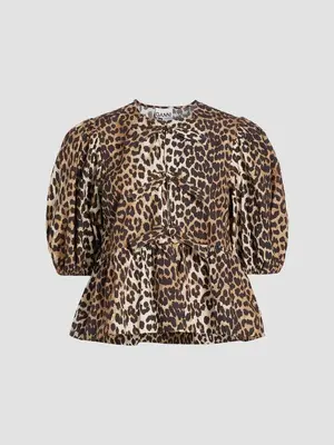 GANNI Poplin Peplum Blouse - Leopard