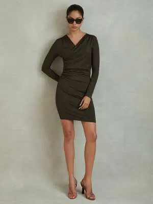 REISS Lisa Wrap Front Mini Dress - Khaki