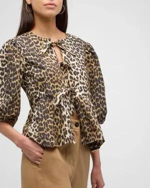 GANNI Printed Self-tie Peplum Blouse - Leopard