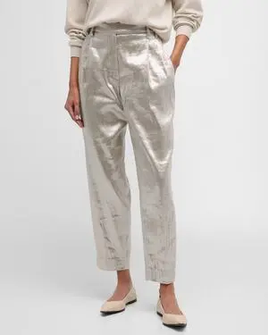 Brunello Cucinelli Linen Metallic Tailored Pants C281 Silver