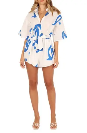 PETAL & PUP Kellie Cotton Romper - White/blue