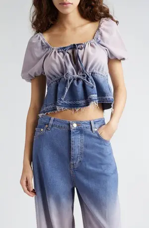 GANNI Future Puff Sleeve Ombré Denim Top Bleach