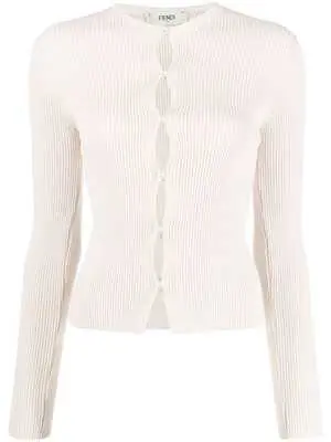 Fendi Ribbed-knit Cotton-blend Cardigan - Neutrals