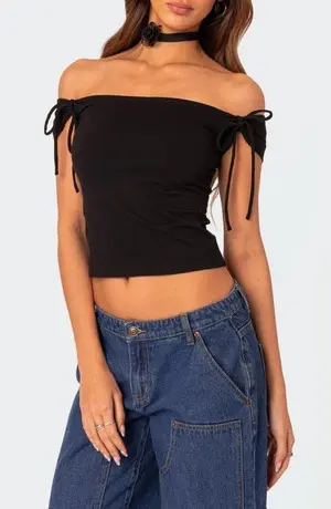 EDIKTED Jess Tie Sleeve Off The Shoulder Crop Top