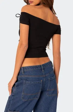 EDIKTED Jess Tie Sleeve Off The Shoulder Crop Top