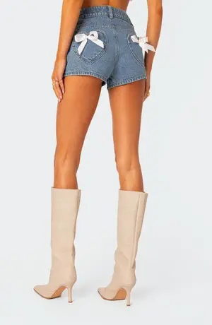 EDIKTED Bow Pocket Denim Shorts