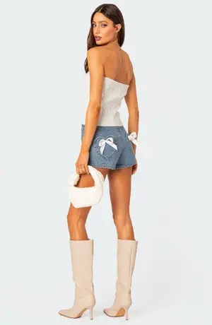 EDIKTED Bow Pocket Denim Shorts